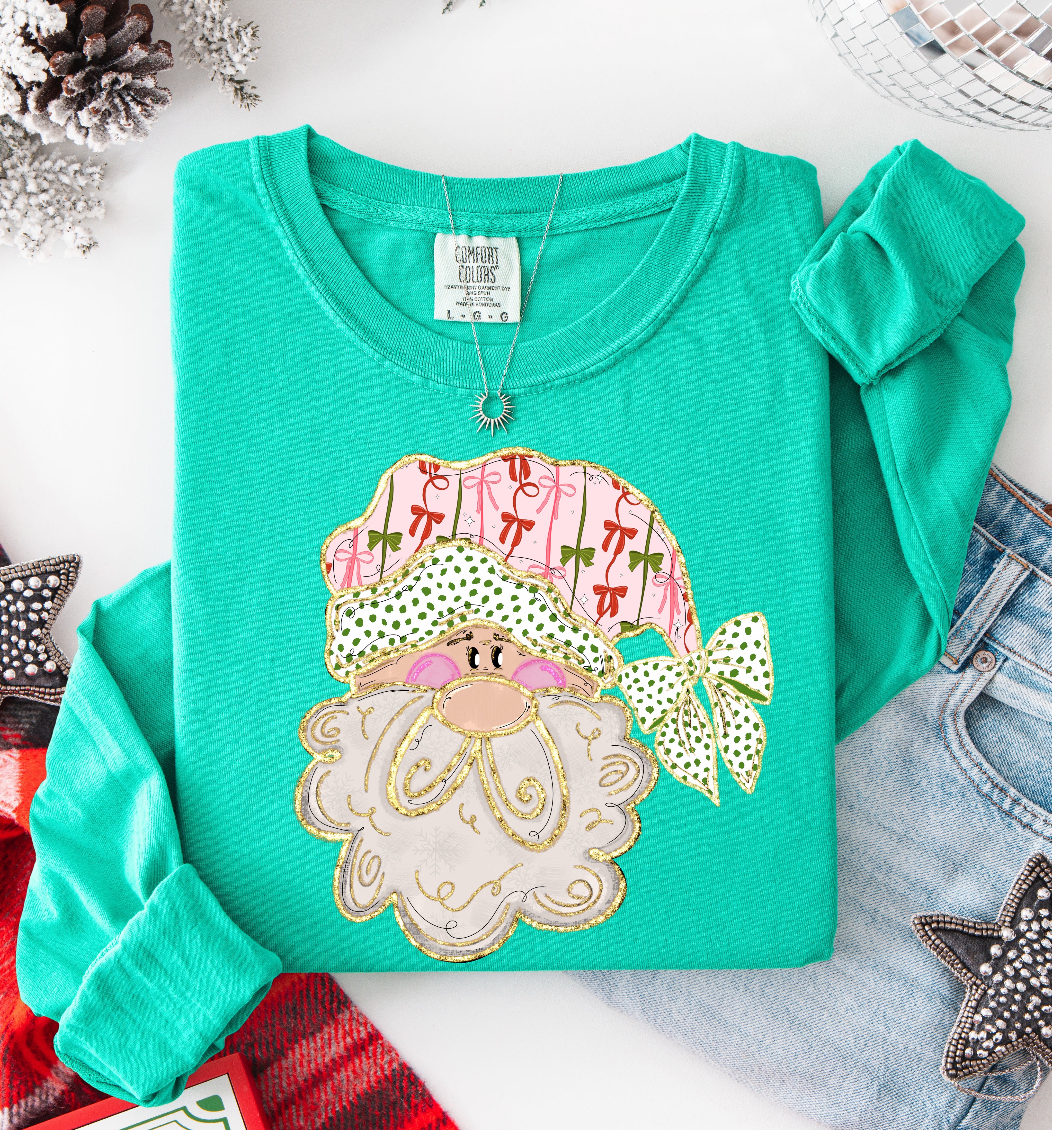Long Sleeve Santa Bows Tee/ Adult Sizes in Island Green – Pink Mustache ...