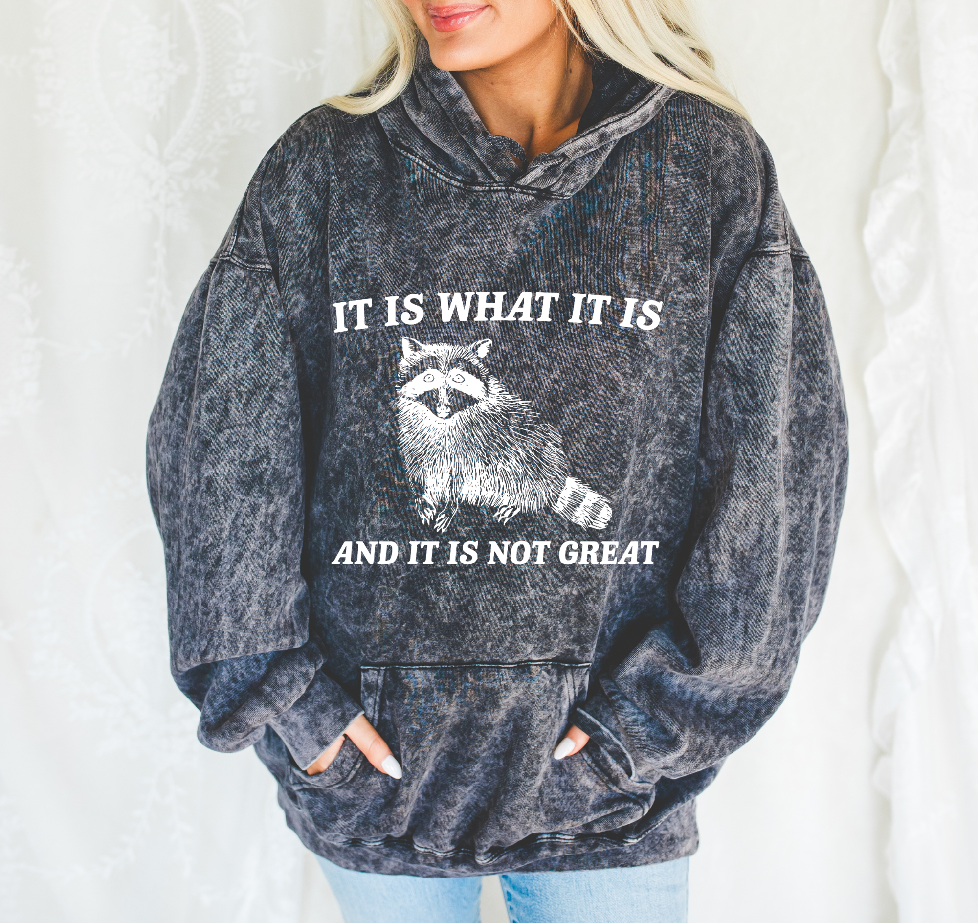 It Is What It Is and It Is Not Great Racoon Acid Washed Hoodie – Pink ...
